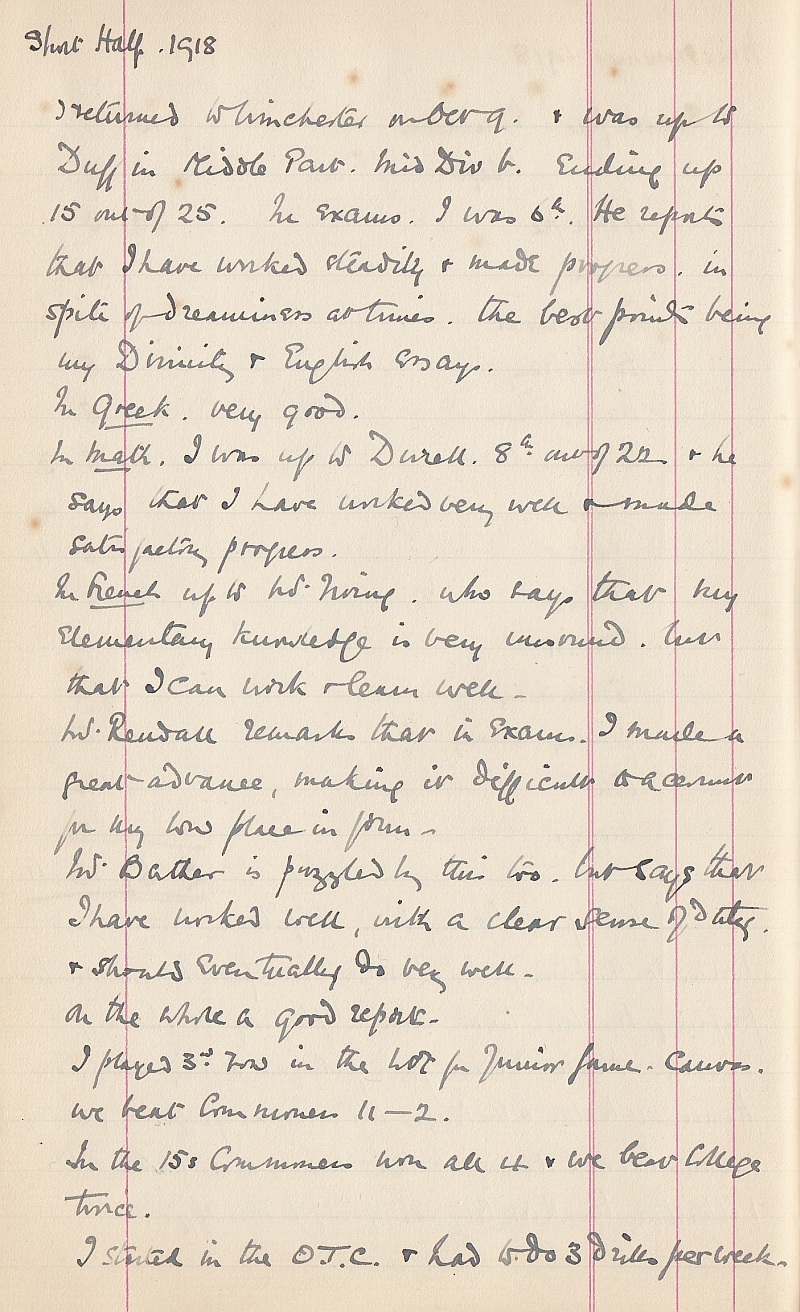 1918 Short Half David Walter Hoare School Diary 1918 Short Half David Walter Hoare School Diary